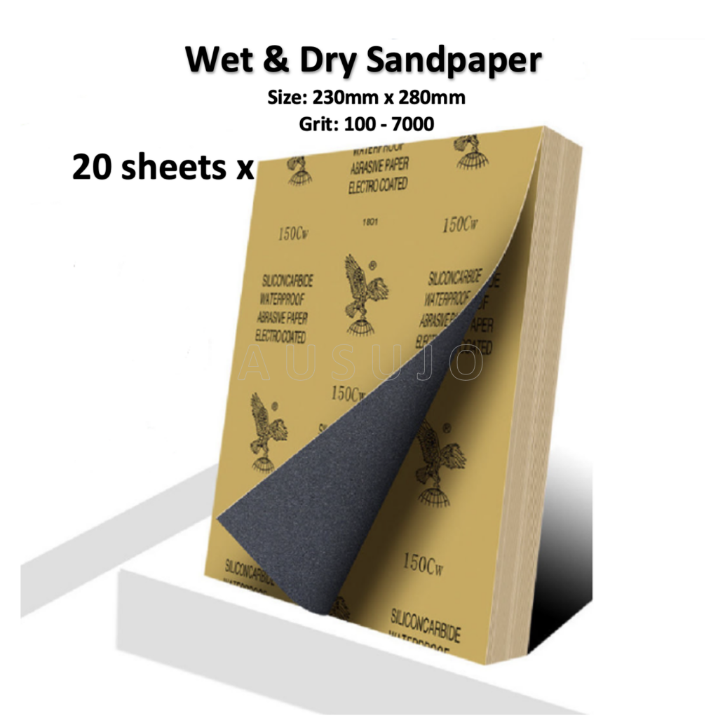 20 Sheets: 230mm x 280mm Sandpaper Wet and Dry 120 – 2000 Grit – AUSUJO